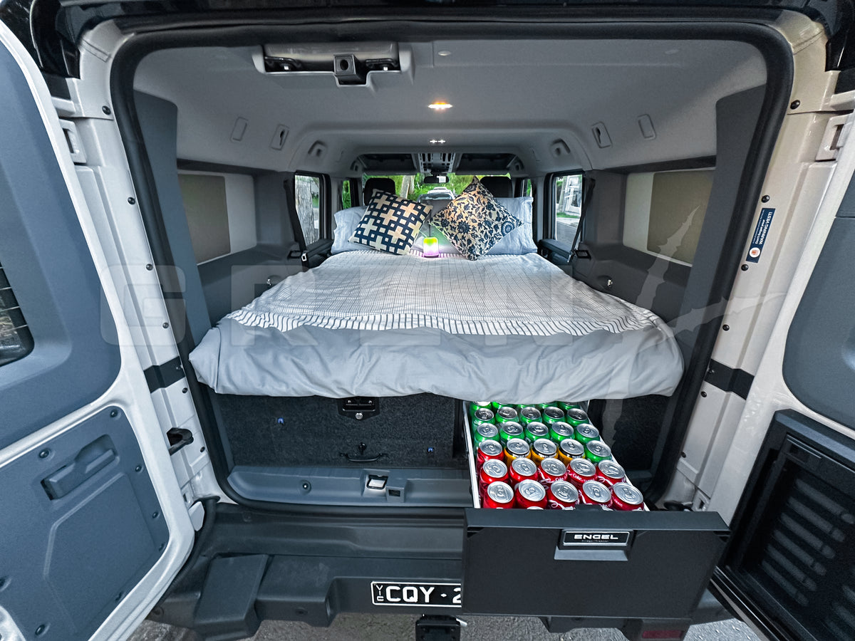 GrenX drawer system with integrated fridge & double bed platform Ineos